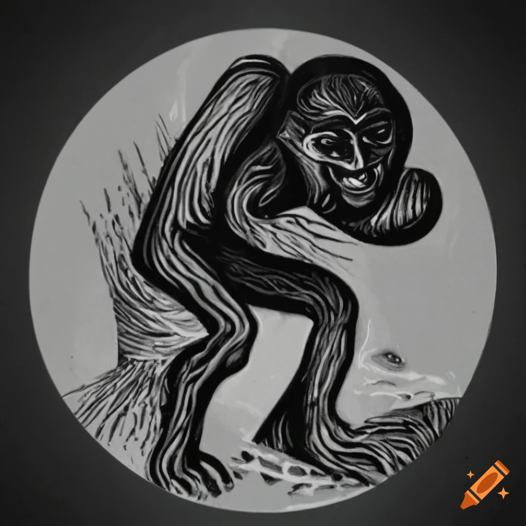 Lithographic drawing of a malevolent pixie on a stone beach in Kirchner ...