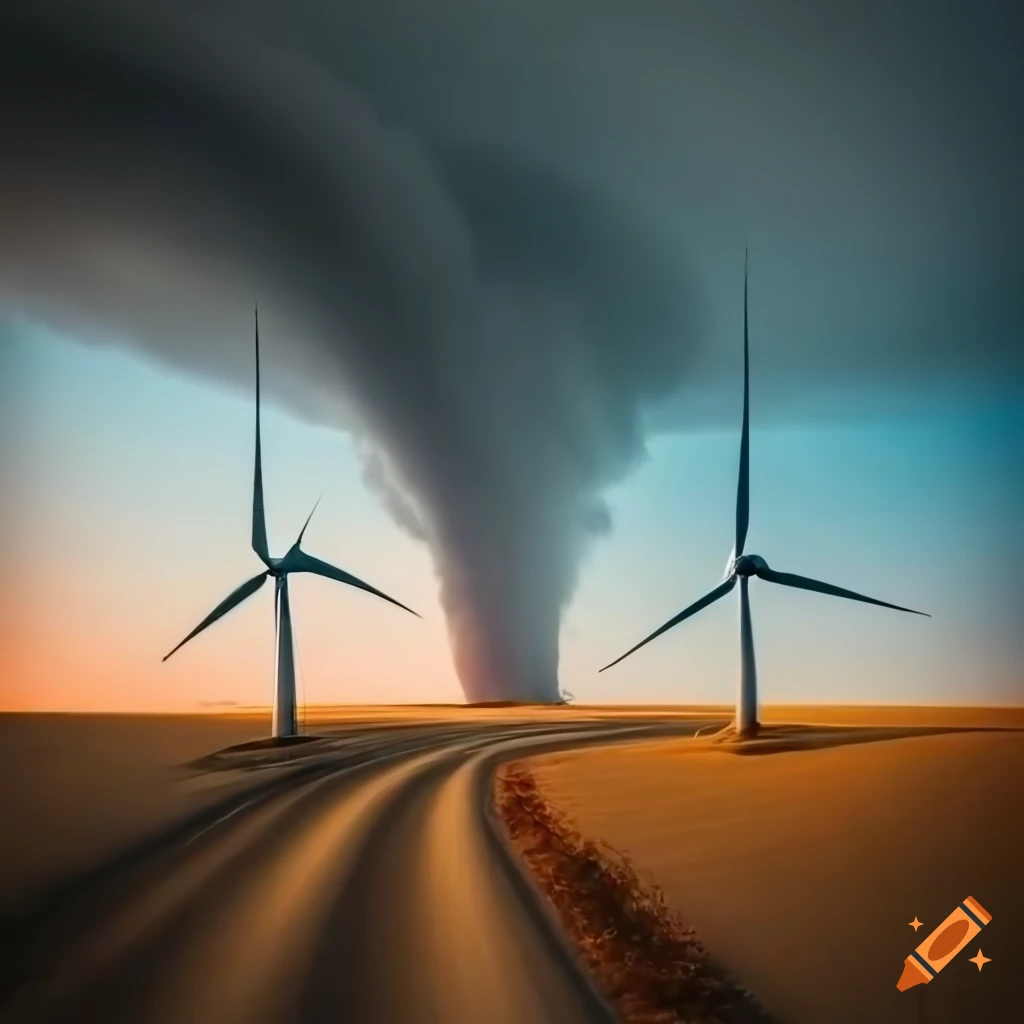 Landscape with wind turbines and tornado on Craiyon