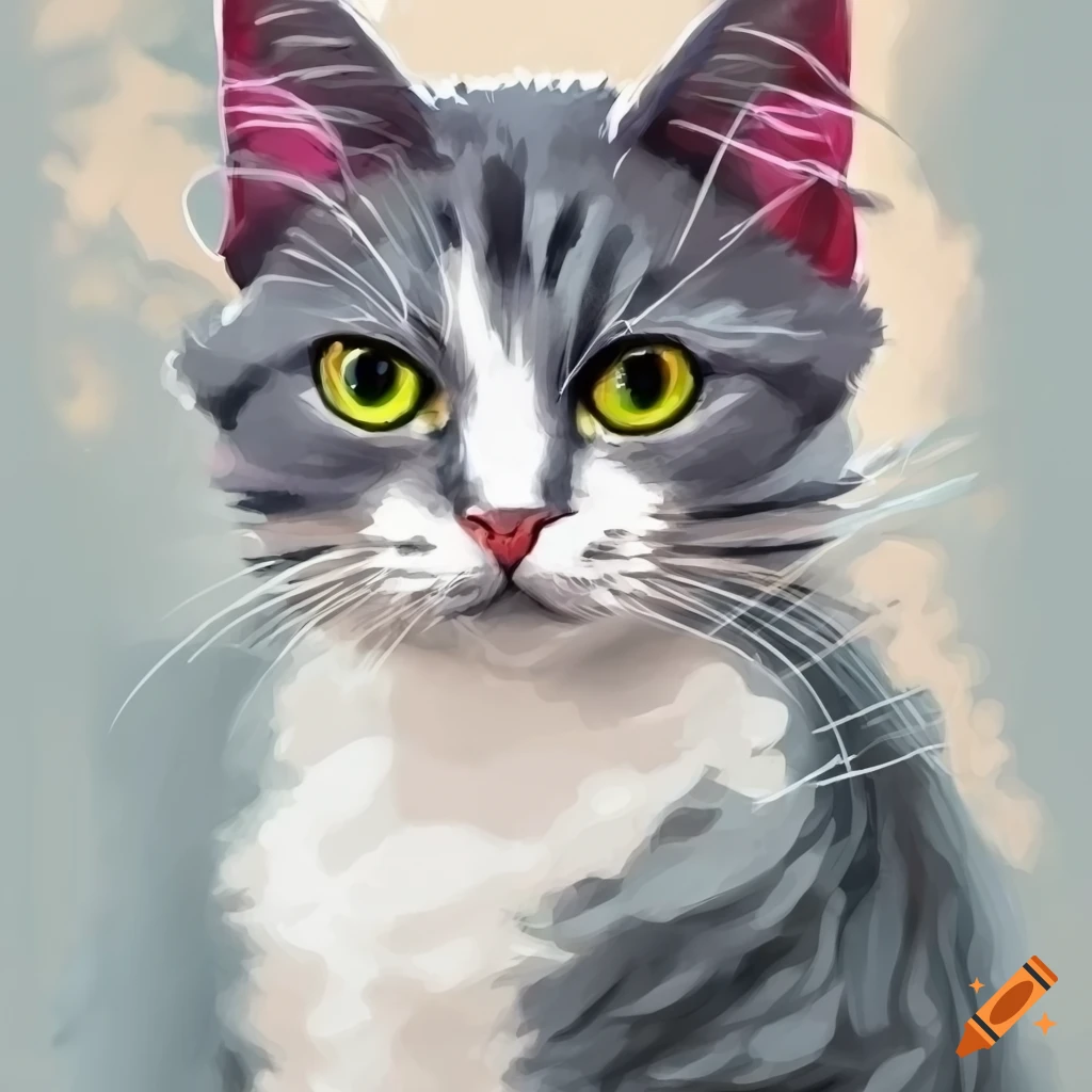 Hand-drawn cute grey and white mixed-color cat on Craiyon