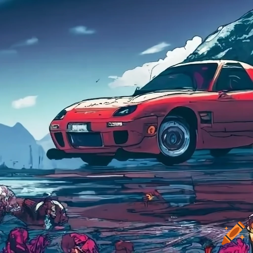 Manga scene of a mazda rx7 drifting through japanese mountains on Craiyon