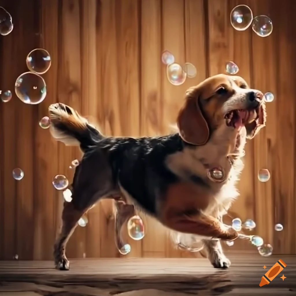 Dogs chasing bubbles in a wooden room on Craiyon