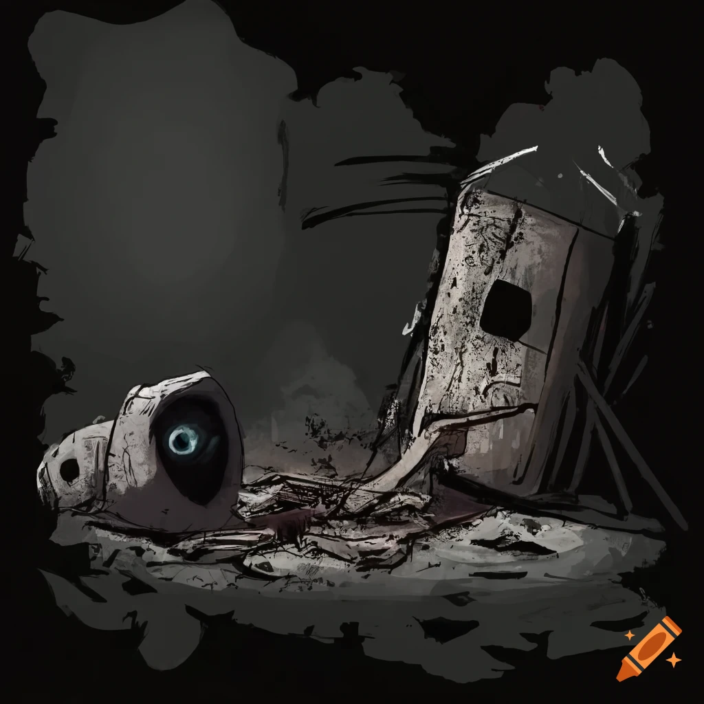 Post-apocalyptic scene with a ruined robot in a charcoal drawing on Craiyon