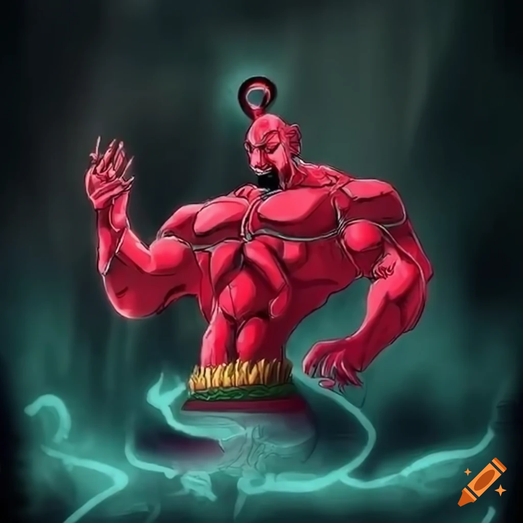 Red genie with flowing ghost tail emerging from shadows in a dark ...