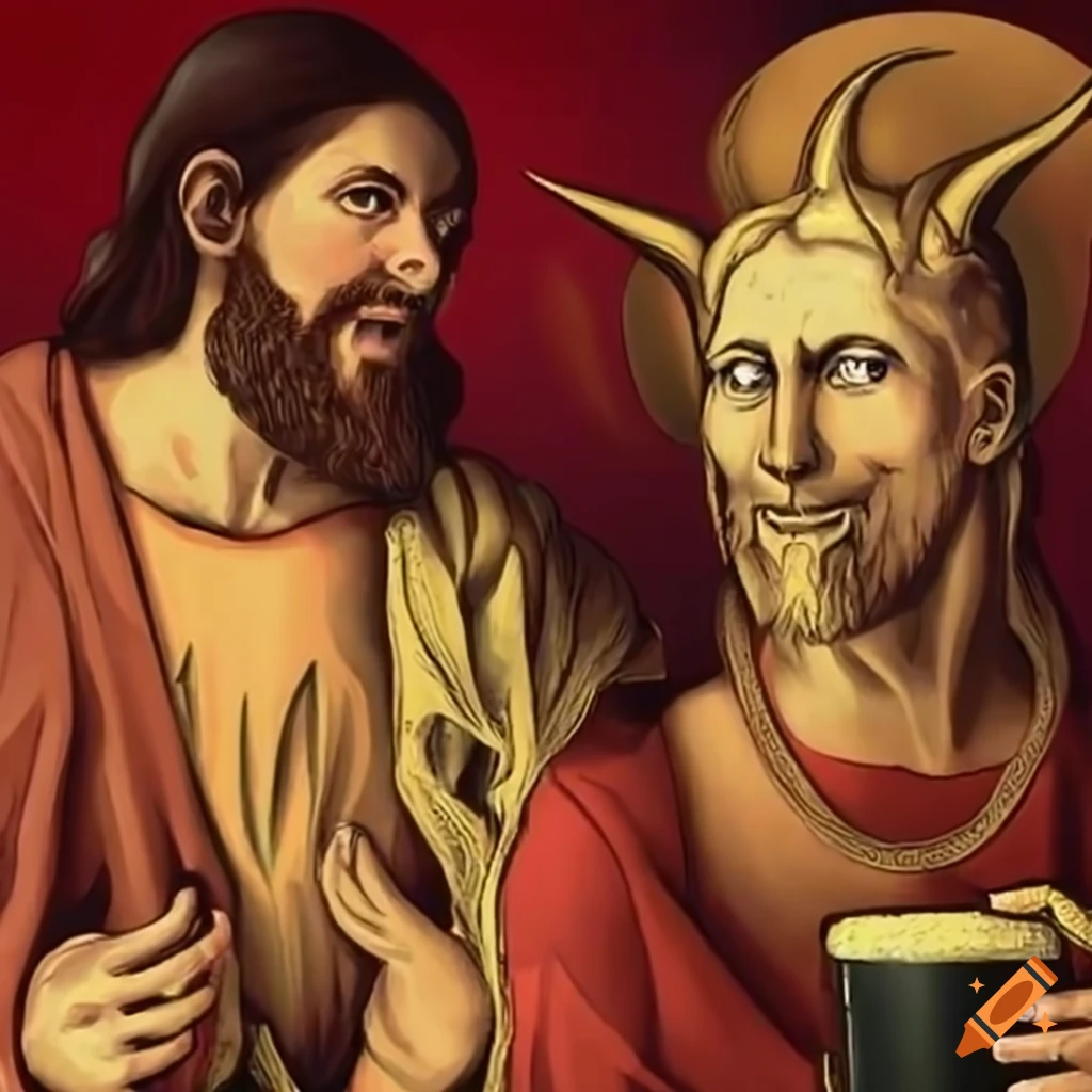 Religious satire: jesus and satan having a casual conversation on Craiyon