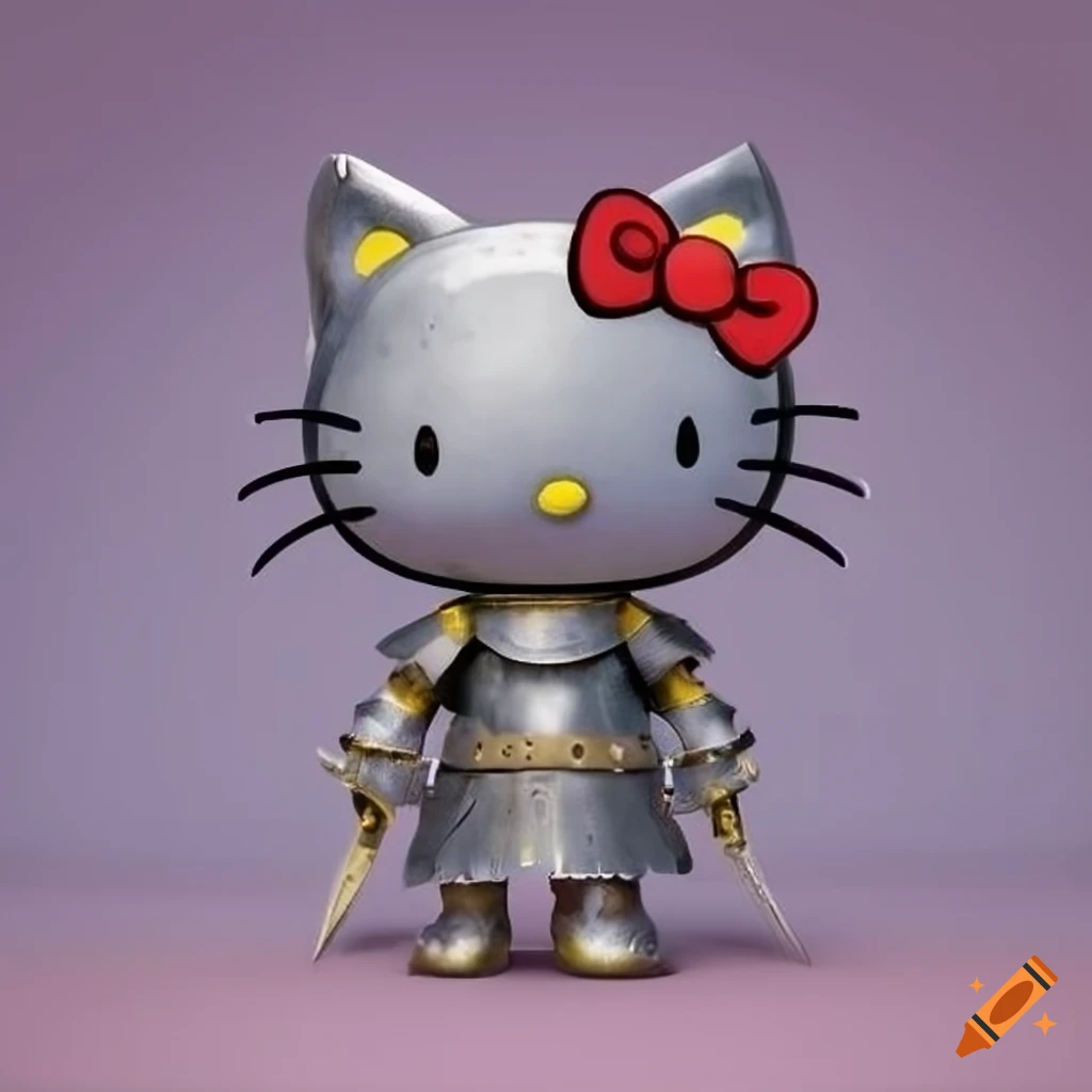 Hello kitty in medieval armor with sword and metal grey helmet on Craiyon