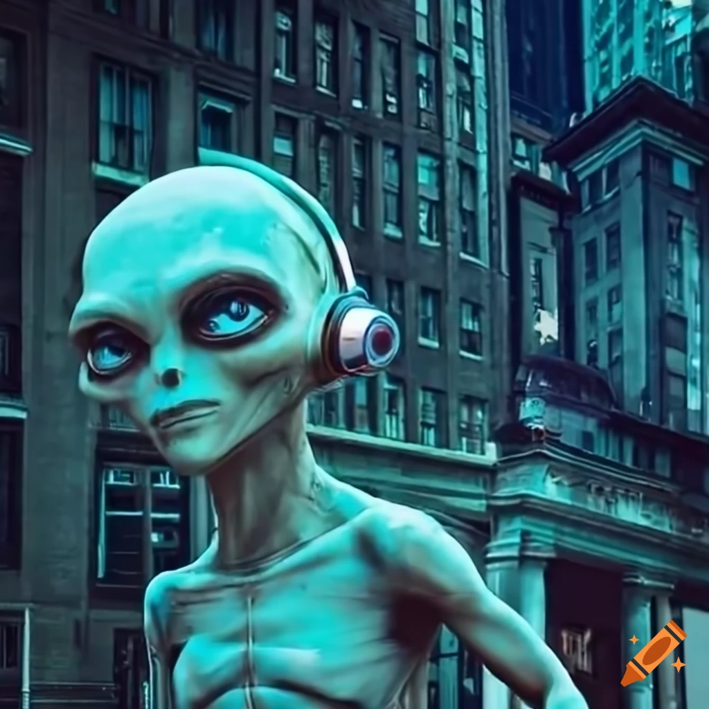 Alien with headphones walking in new york city on Craiyon