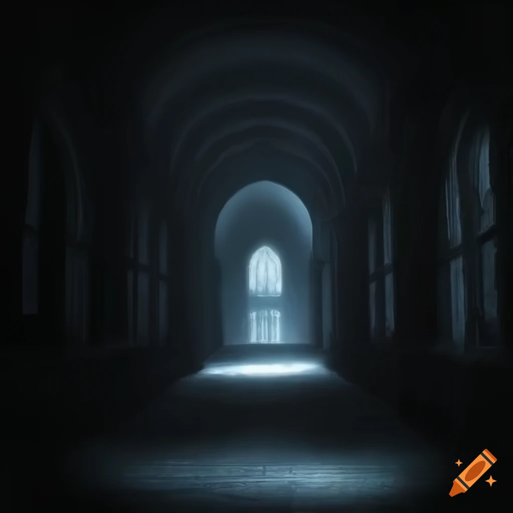 Dark and foggy castle hallway with a haunted atmosphere on Craiyon