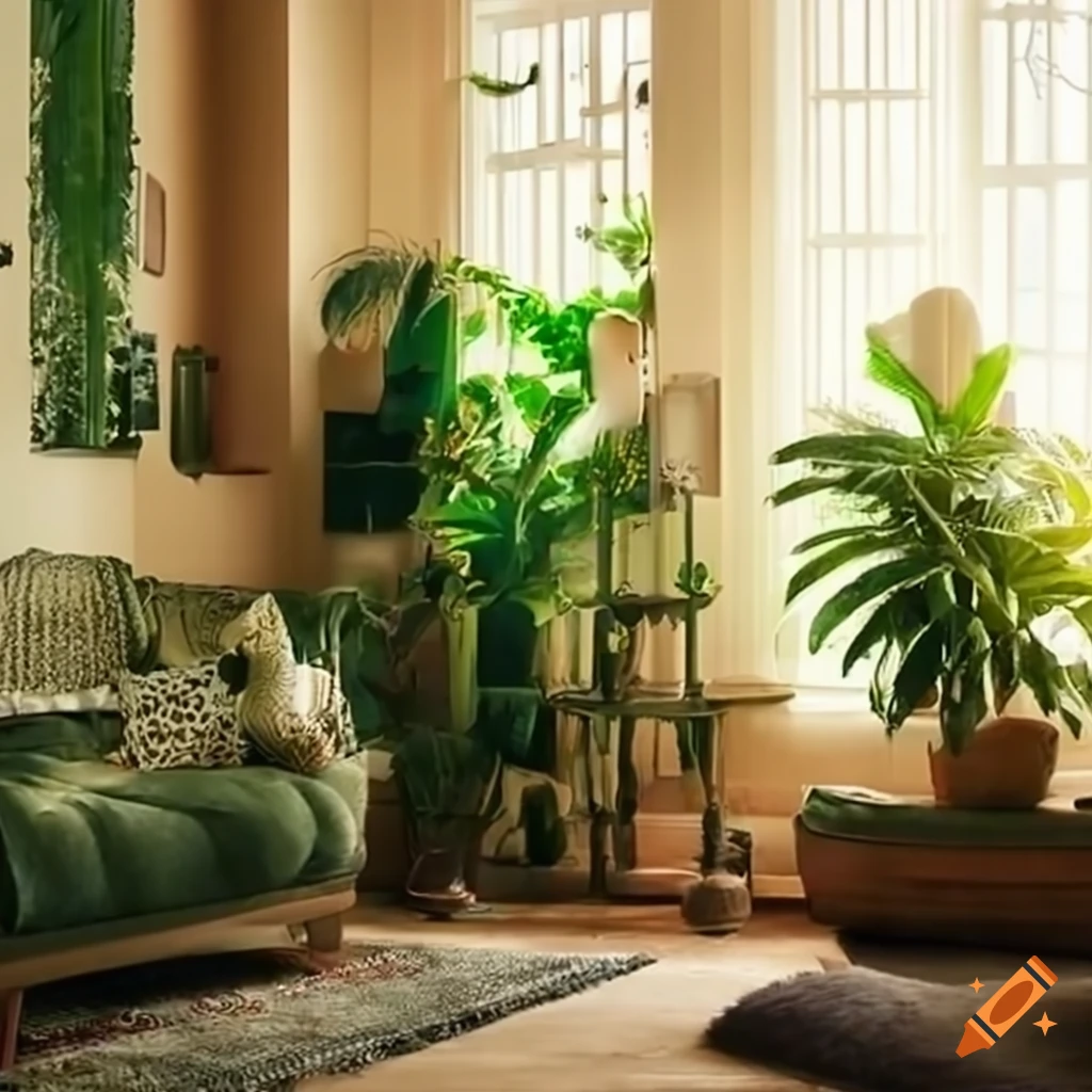 Lush green living room filled with a variety of plants on Craiyon