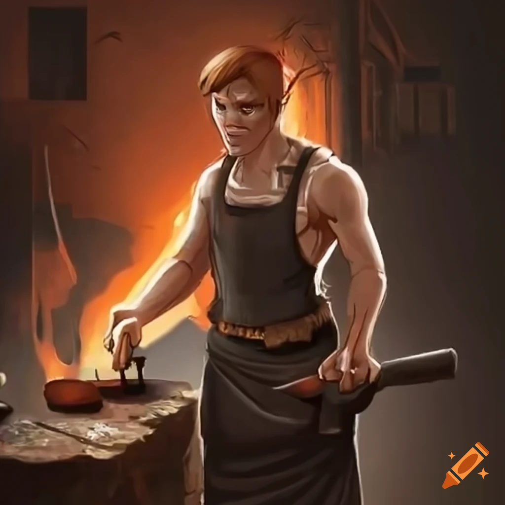 Young blacksmith working at the anvil on Craiyon