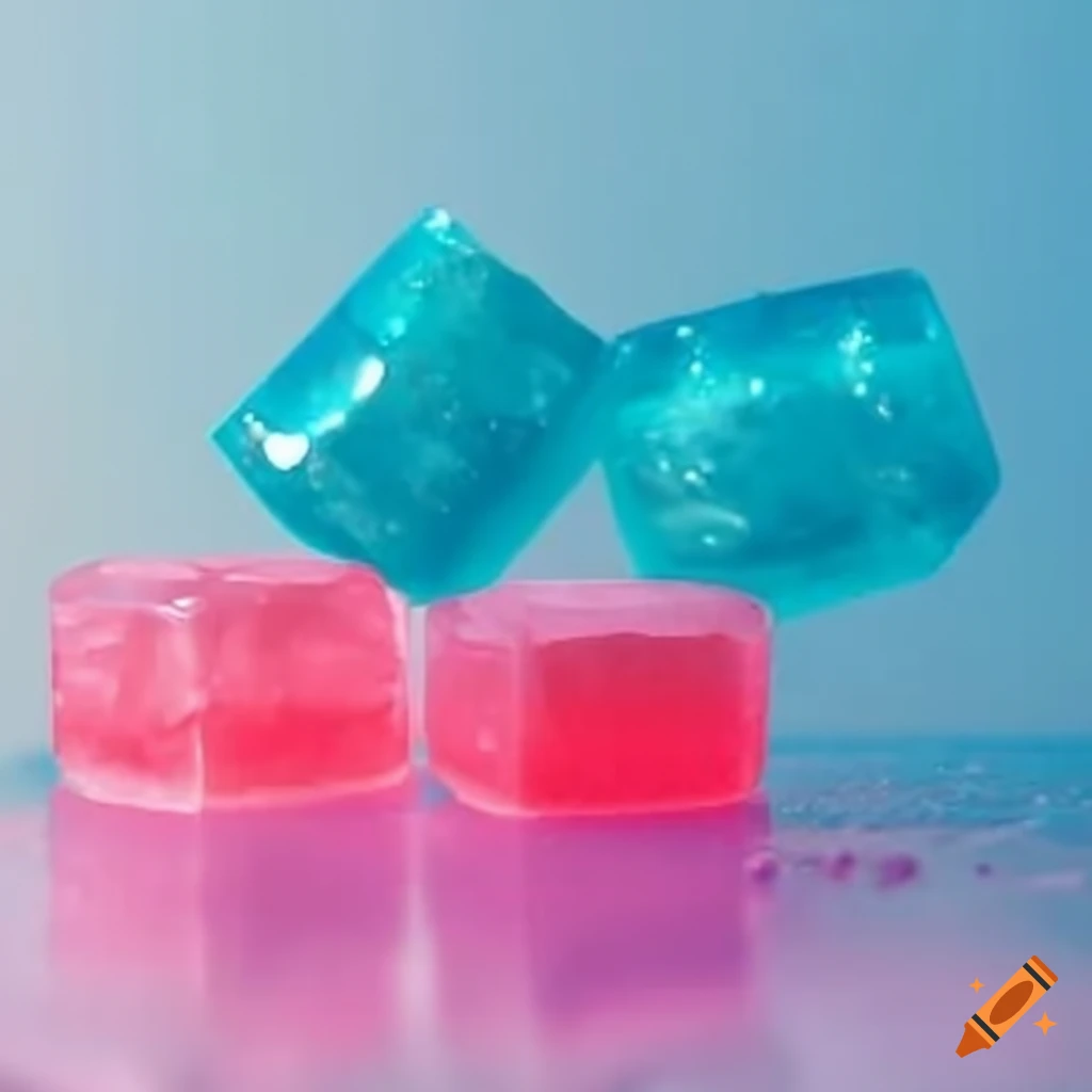 Colorful jello cubes with blue and pink liquids and sparkles on Craiyon