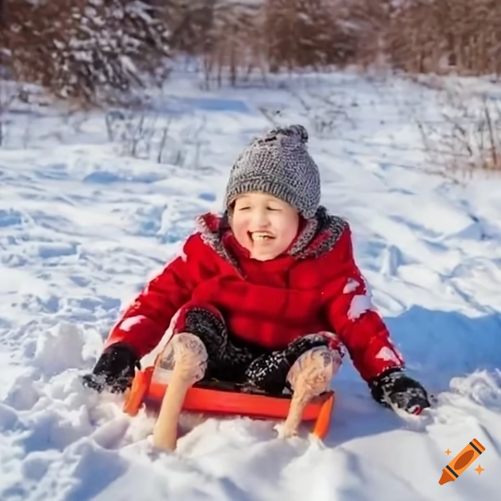 Joyful boy playing on a sled in a pristine snow winter wonderland on ...