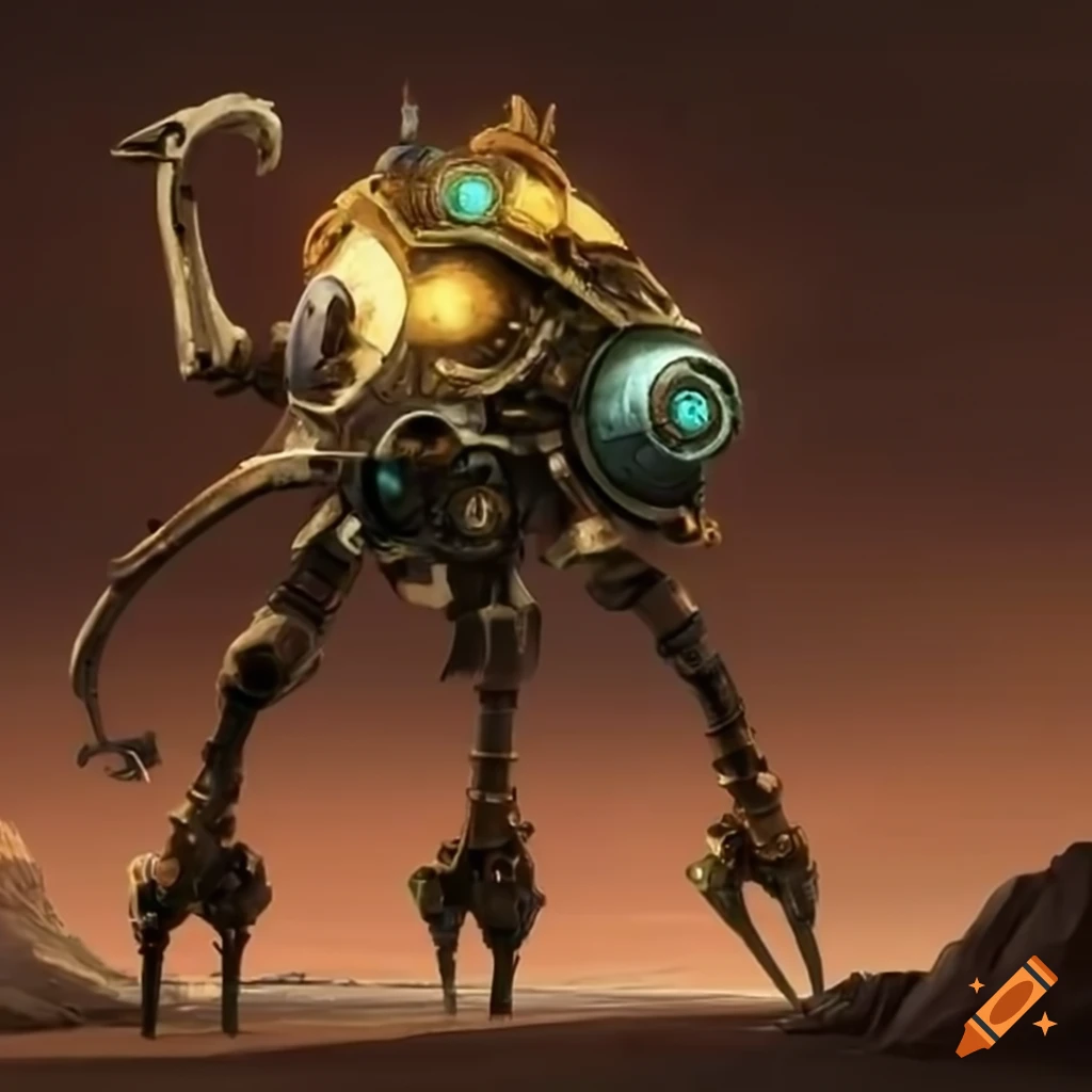 Futuristic steampunk warforged protoss tripod walker on martian soil on ...