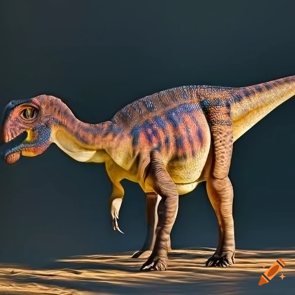Vividly colored Hadrosaurus dinosaur with detailed scaly skin in warm ...