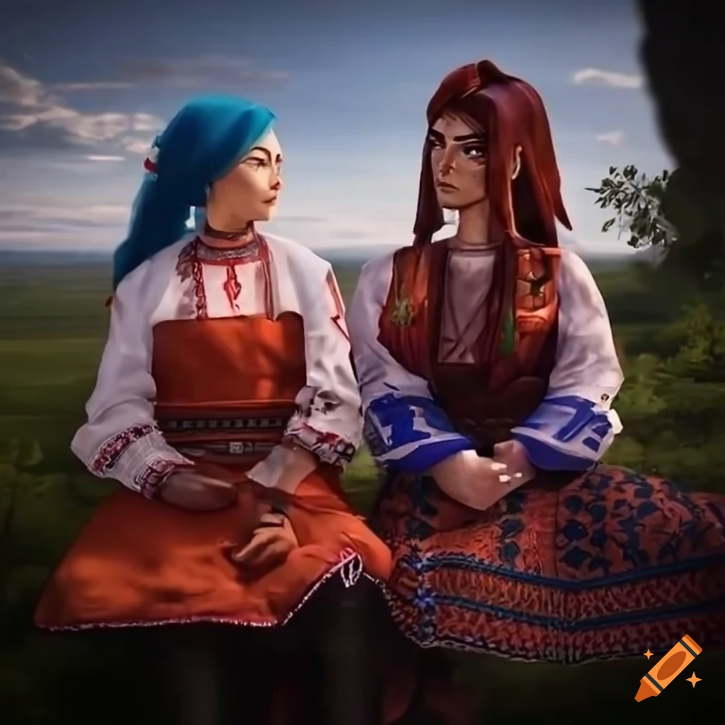 Jinx, Vi, and Caitlyn wearing traditional Ukrainian outfits in a serene ...
