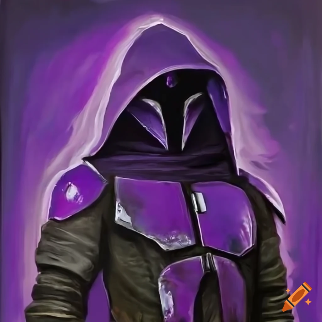 Hooded figure with a glint of a mandalorian helmet under their purple ...