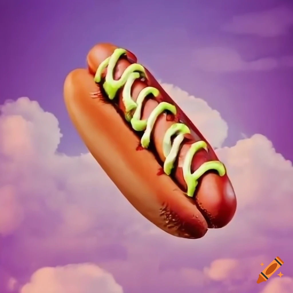 Surreal image of a hot dog floating in the clouds with a retro overlay ...