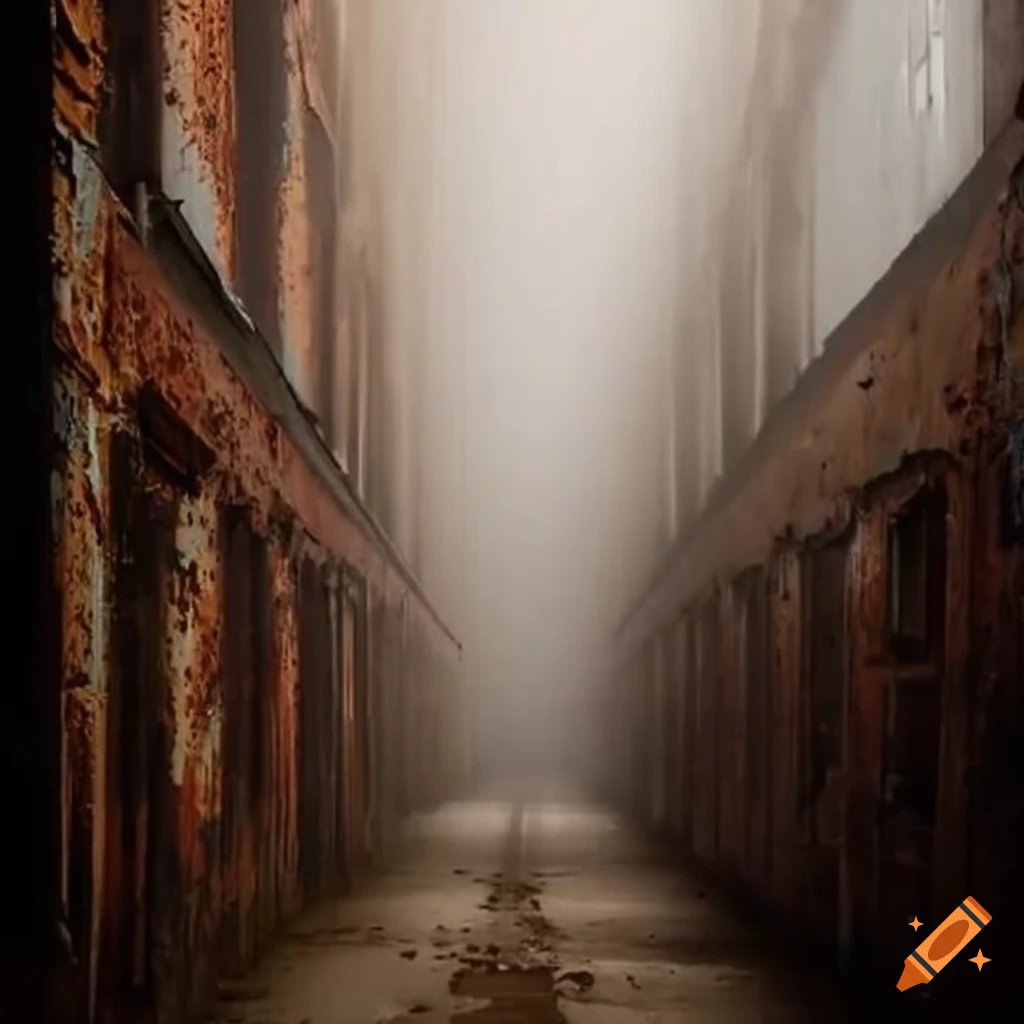 Foggy industrial rust with peeling paint and endless hallways on Craiyon