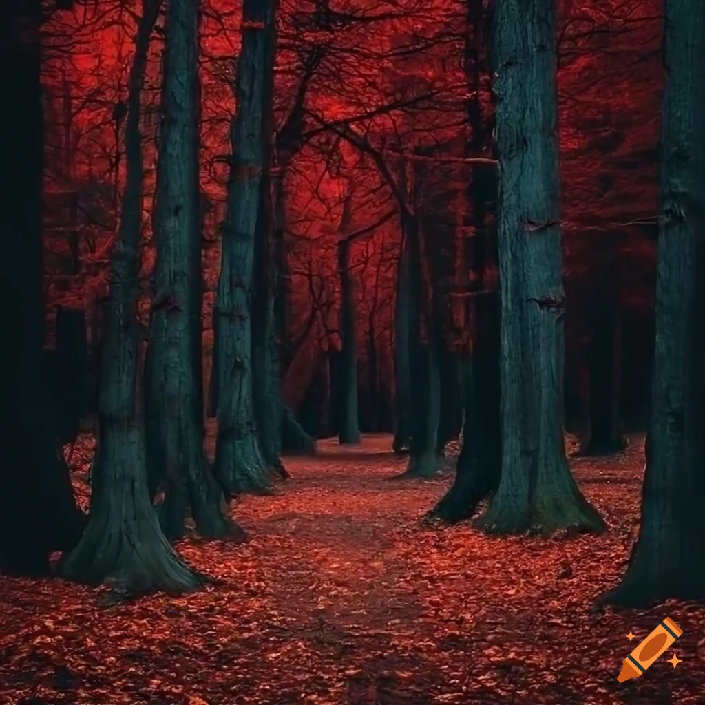 Highly detailed photo of red trees in a forest with black ground on Craiyon