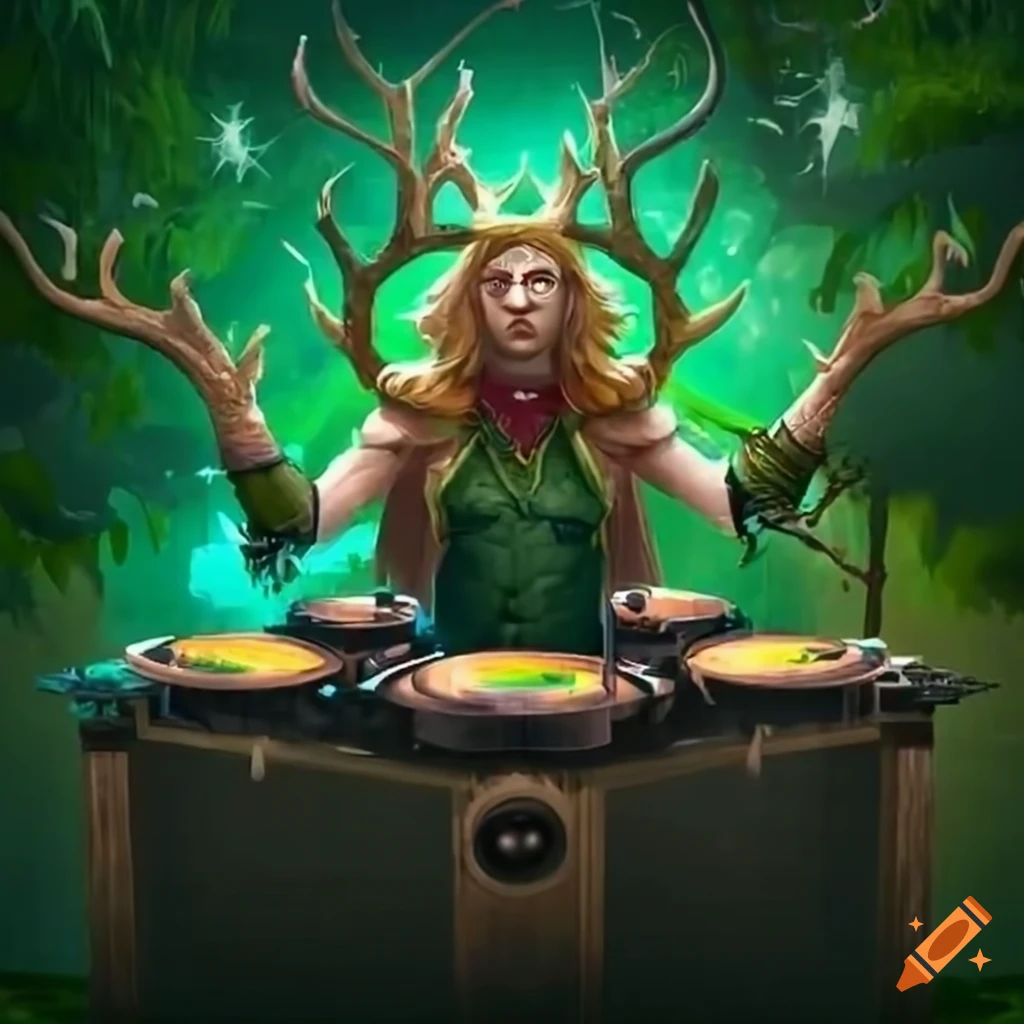 Druid DJ with turntables and speakers in a forest setting on Craiyon