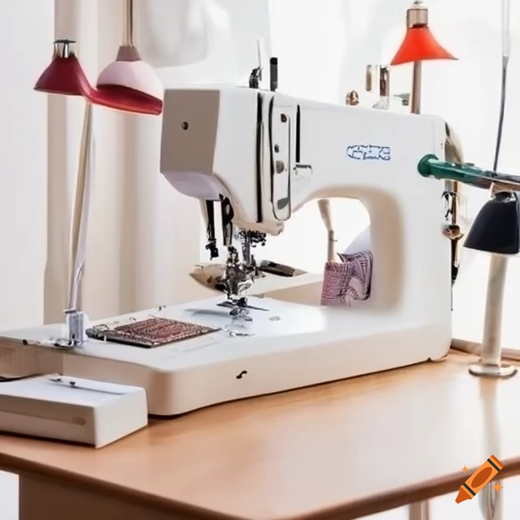 Modern sewing machines in a bright room with desk lamps on Craiyon