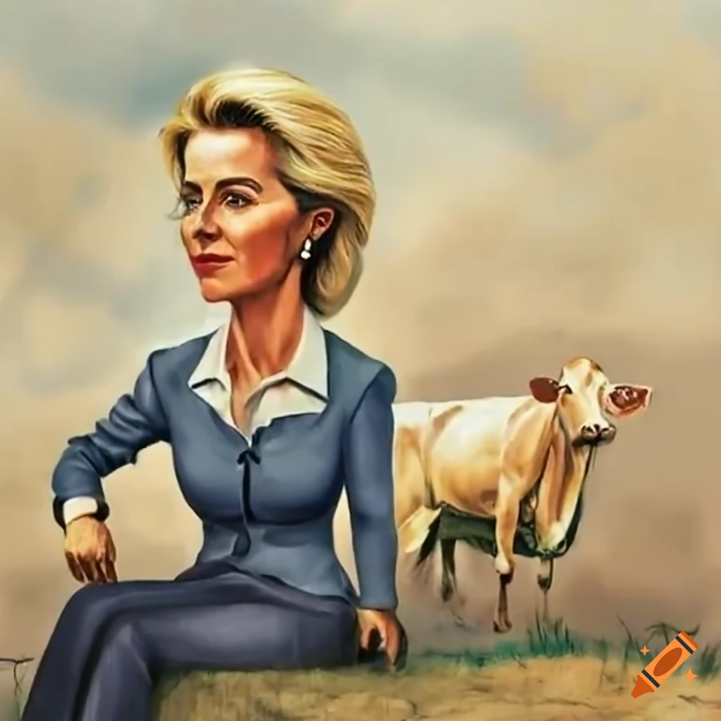 Ursula von der leyen sitting next to a cow on a farm on Craiyon