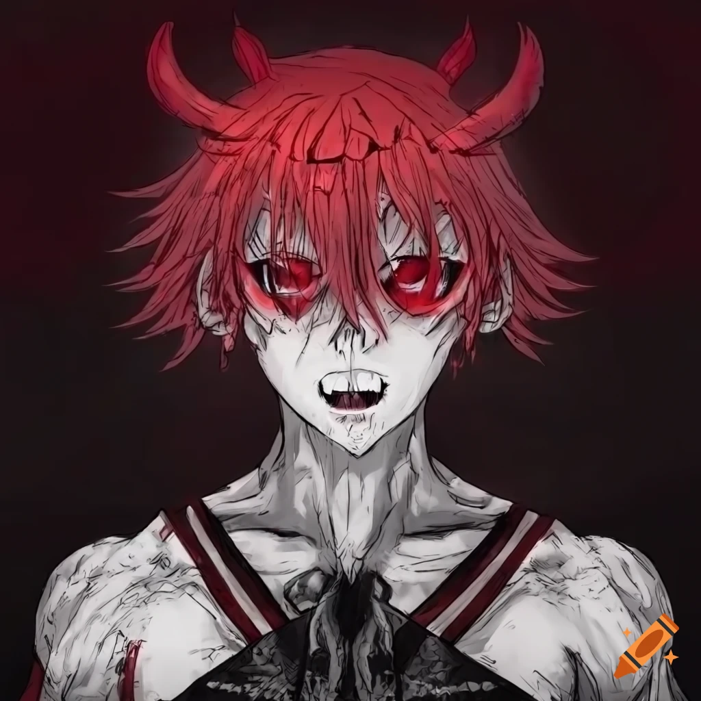 Manga style friendly demon with red glowing eyes and skull-like face on Craiyon