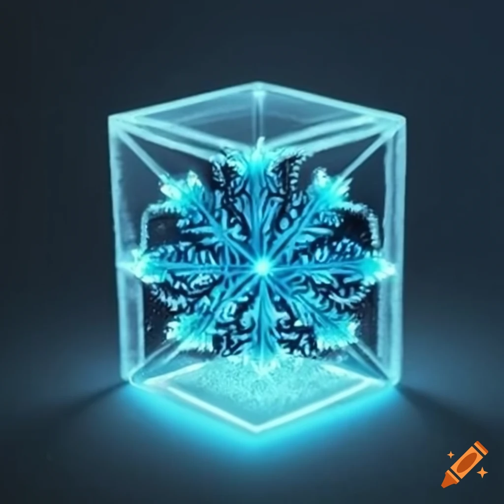 Glowing blue snowflake in glass cube on Craiyon