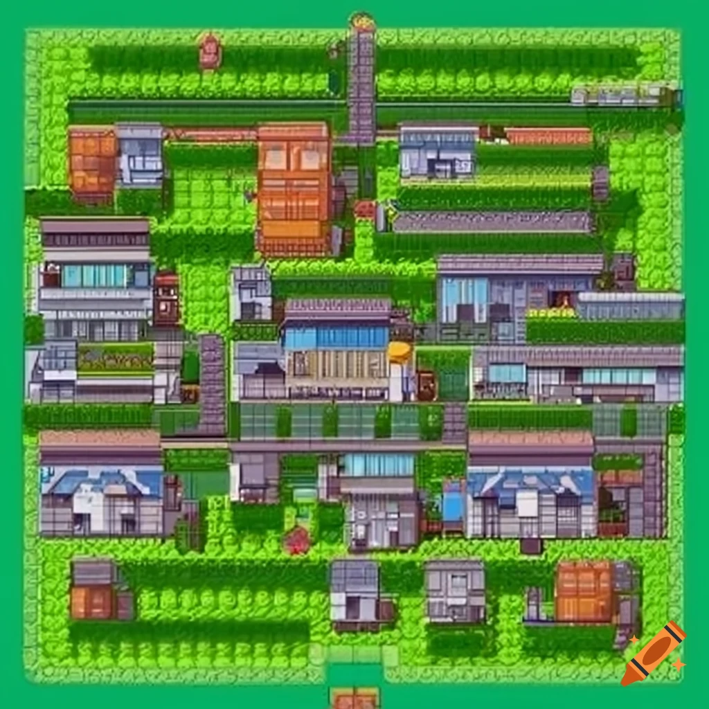 Modern city tileset for a pokemon game on Craiyon