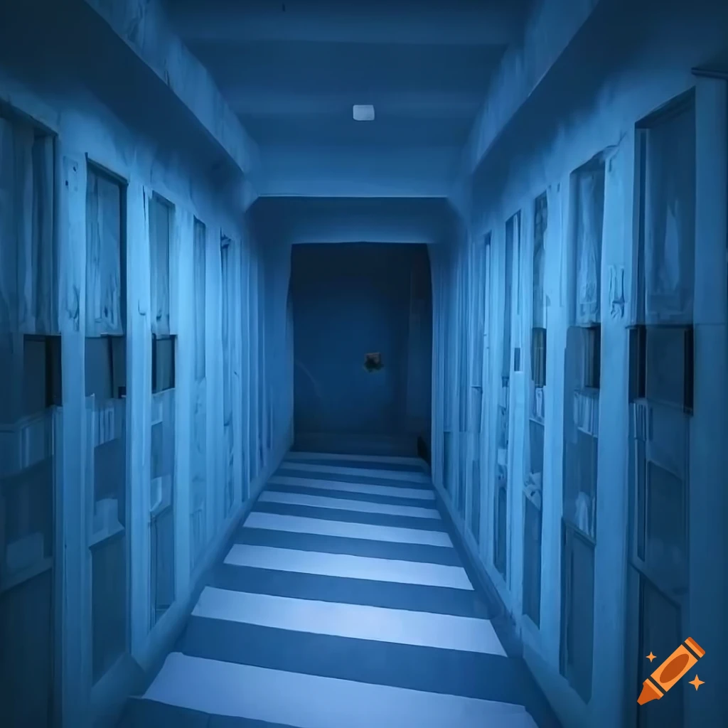 Interior of a light blue dungeon corridor with multiple doors on Craiyon