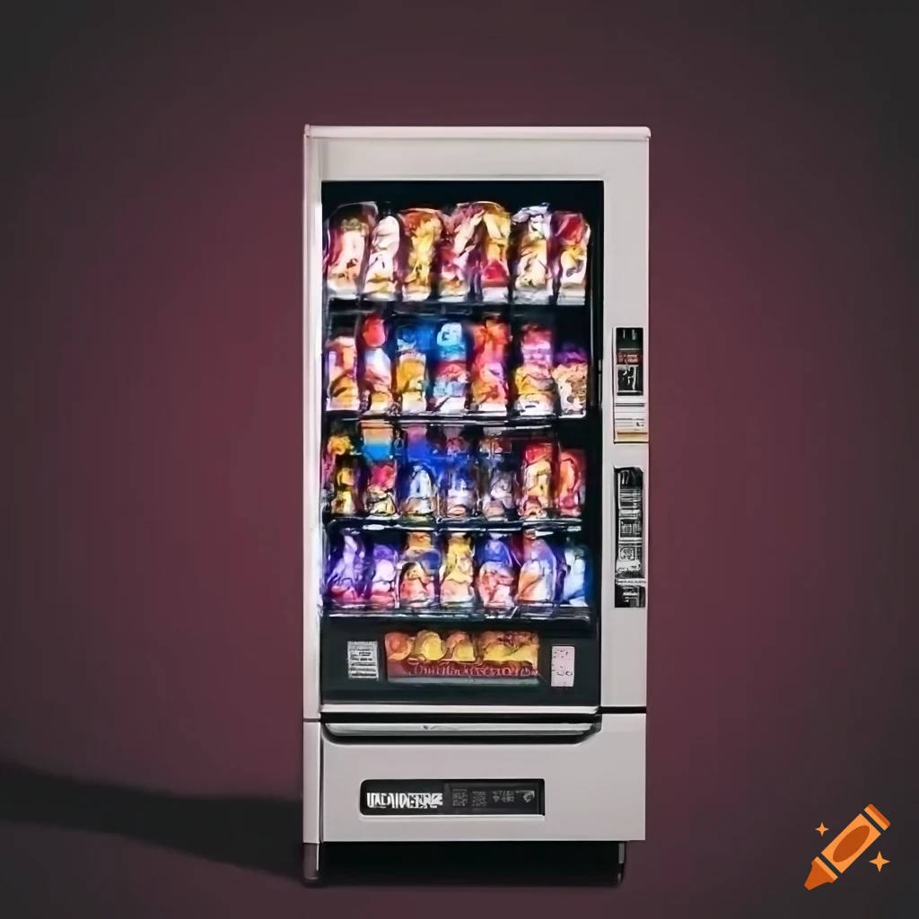 Highly detailed front view of a vending machine in vhs footage on Craiyon