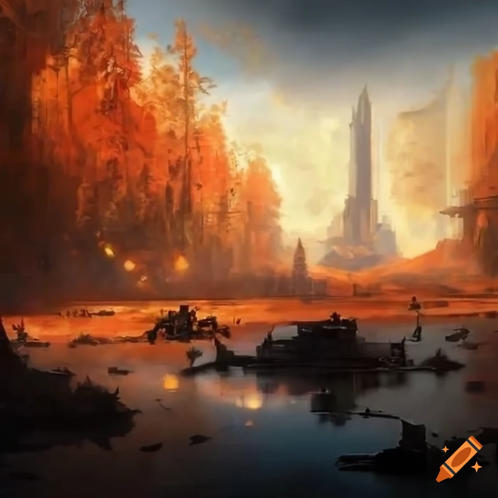 Futuristic battlefield with drones and stunning lighting on Craiyon