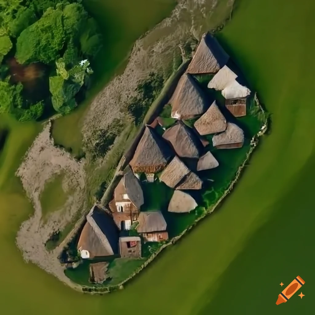 Aerial view of small medieval village with thatch roofed huts and ...