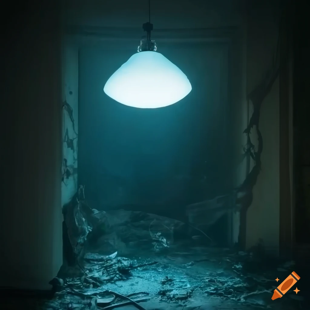 Slender broken lamp in abandoned room overlooking golden ocean in fog on Craiyon