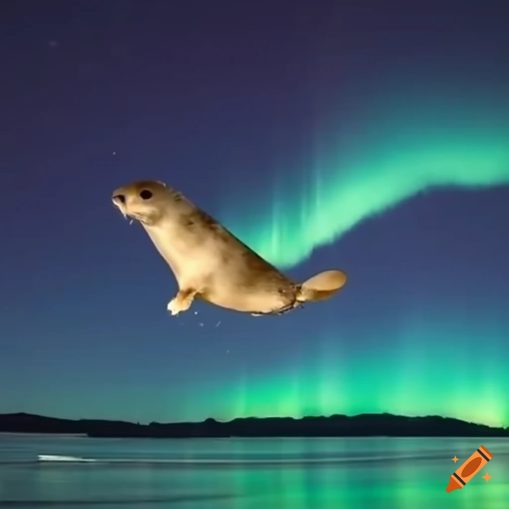 Cute fluffy seal flying a biplane under the northern lights on Craiyon
