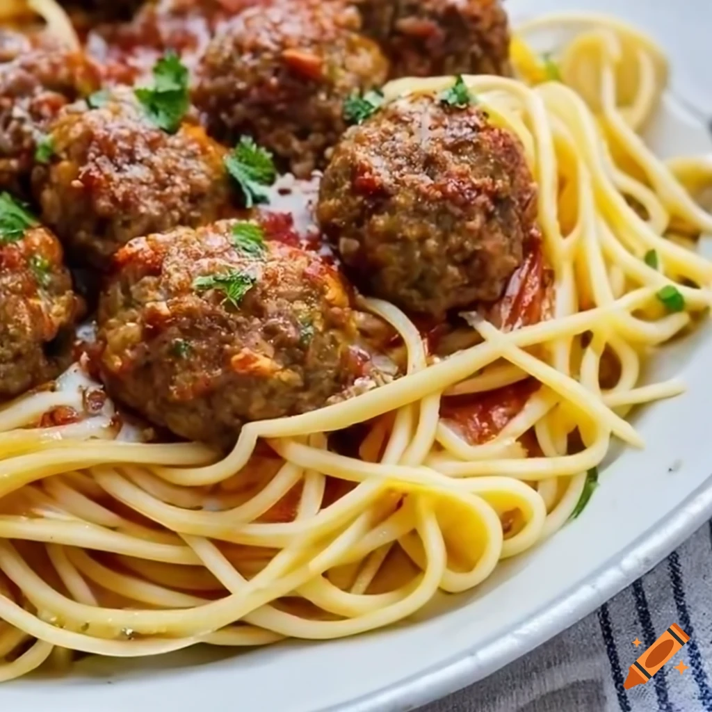 Delicious spaghetti with meatballs in professional food photography on ...