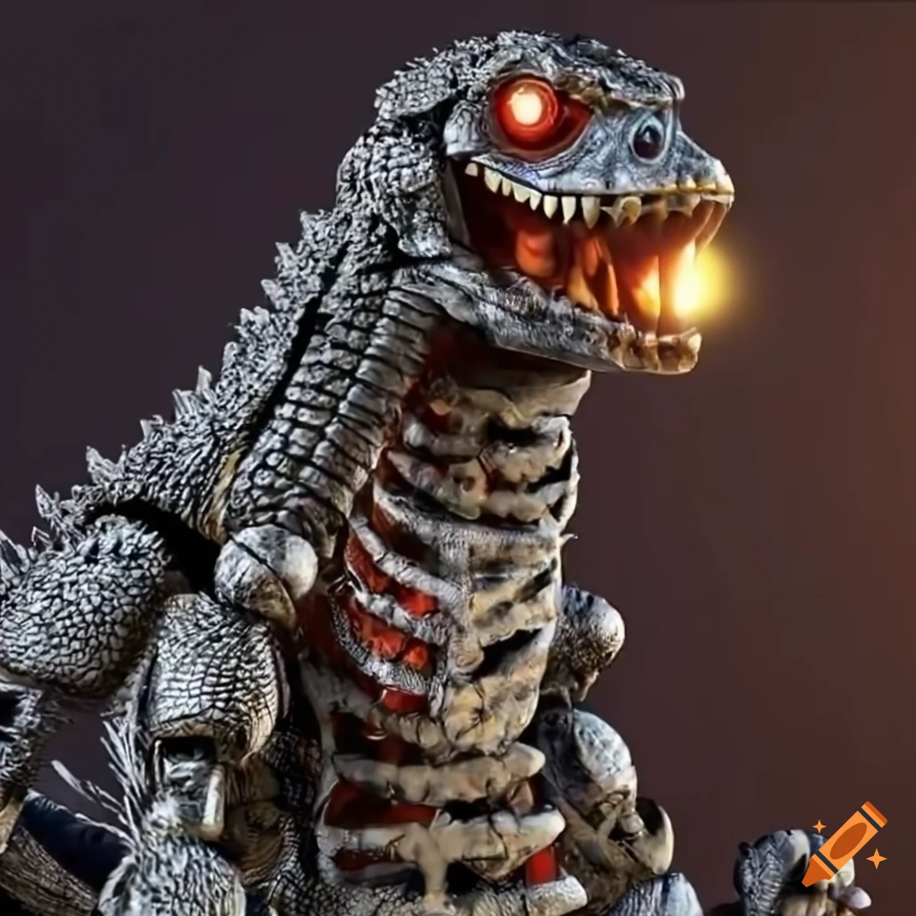 Godzilla animatronic robot lizard with red eyes and white bowtie on Craiyon