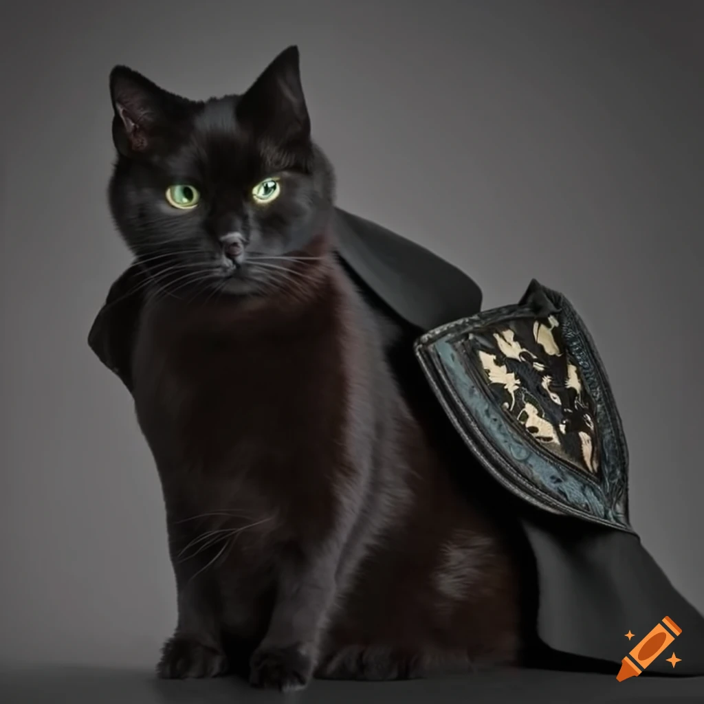 Black cat in a hooded cloak with a decorative shield in a magical ...