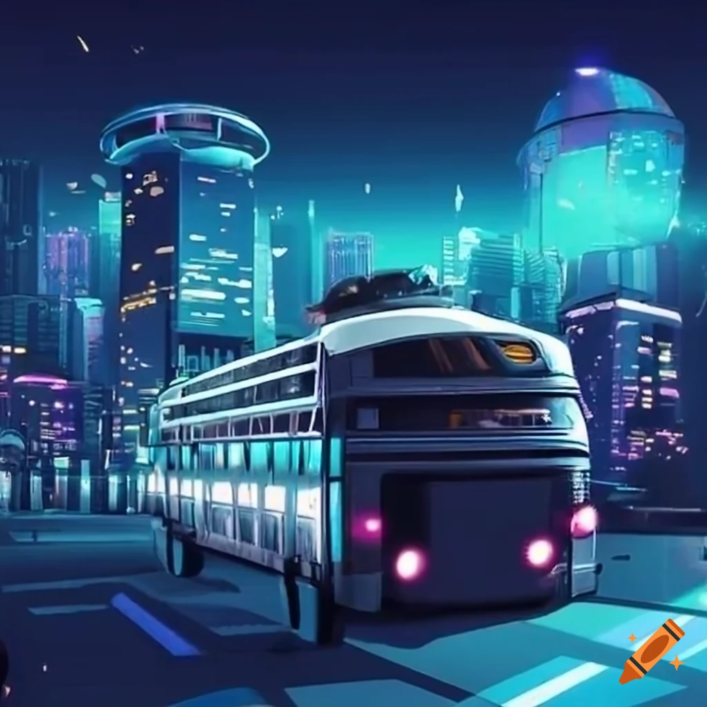 Space bus traveling through a futuristic city on Craiyon