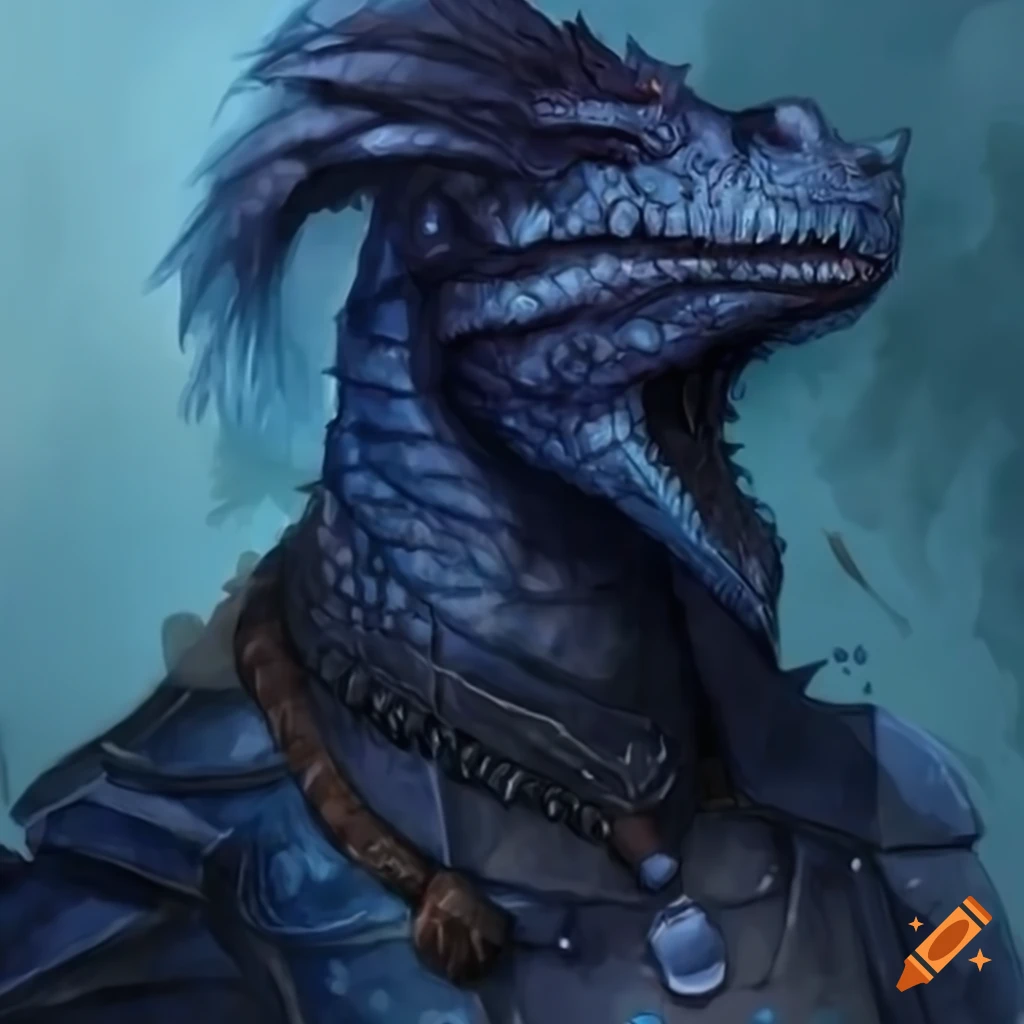 Detailed headshot of a blue dragonborn in concept art on Craiyon