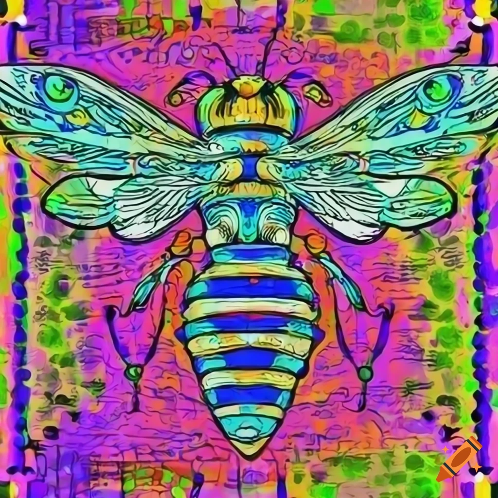 Symmetrical bee face in psychedelic poster art style on Craiyon