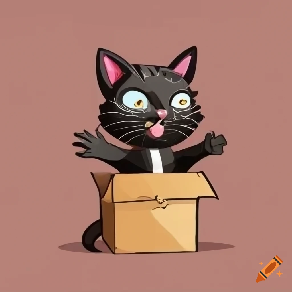 Cartoon black cat in a box on Craiyon