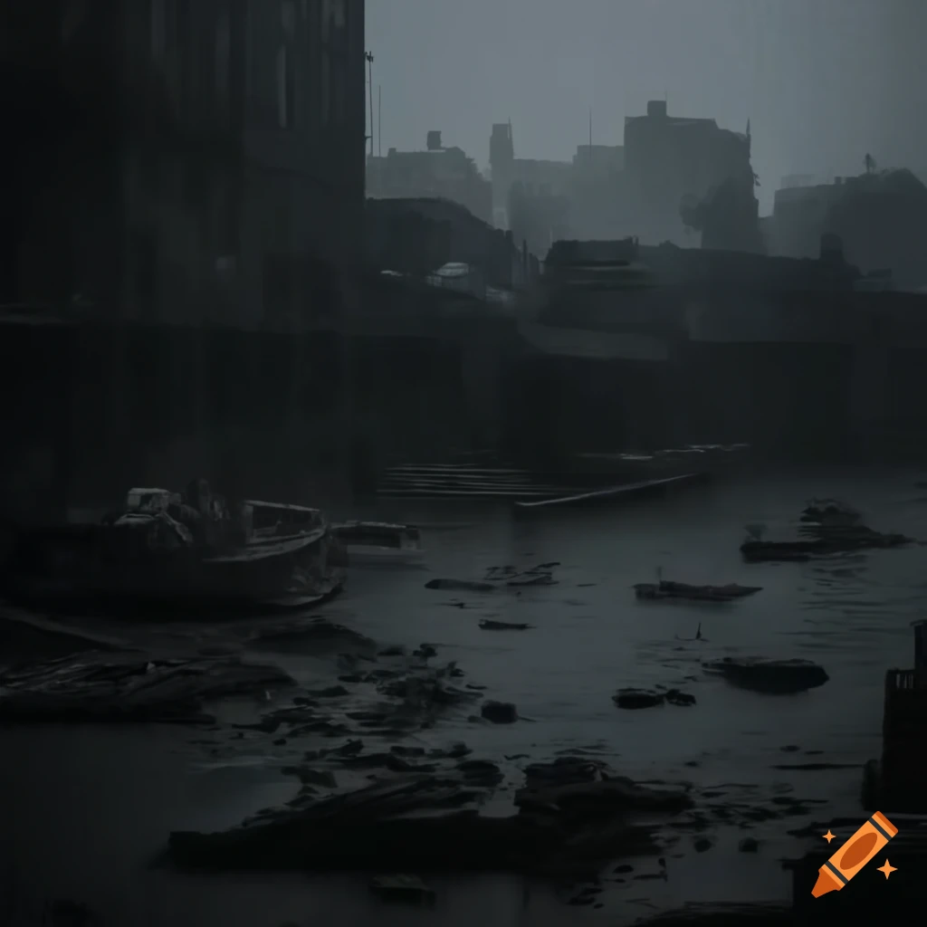 Ruined harbor with abandoned docks in a dystopian rainy setting on Craiyon