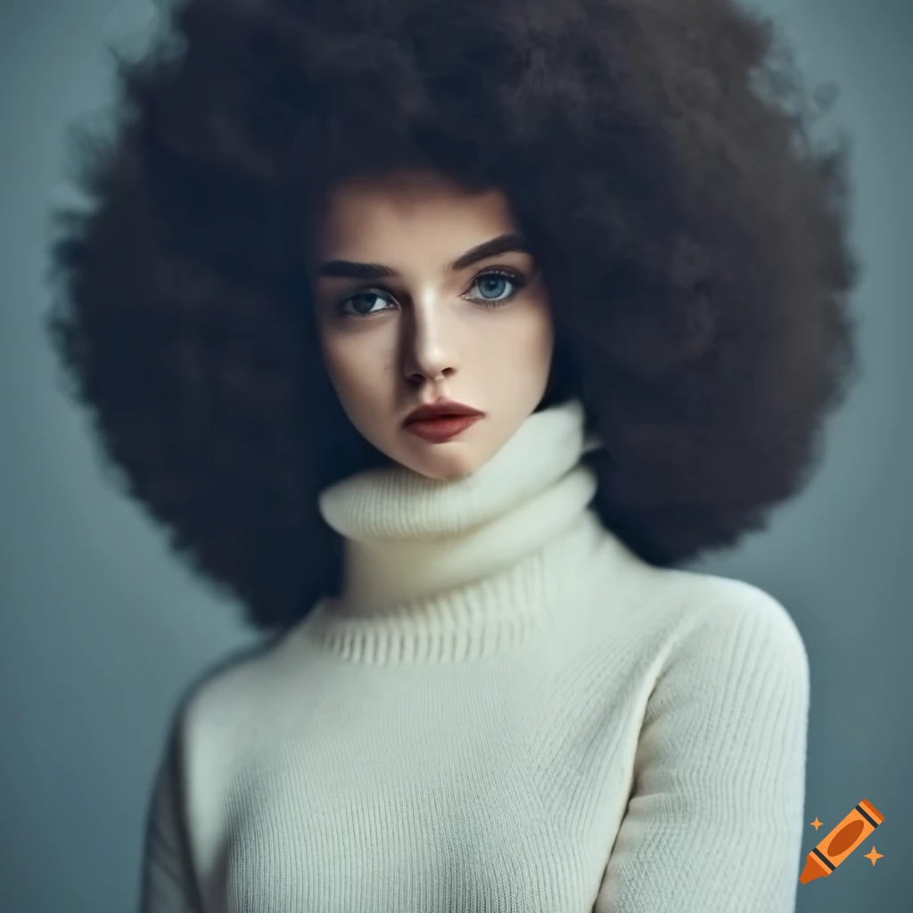Beautiful woman with massive afro and white turtleneck sweater on Craiyon