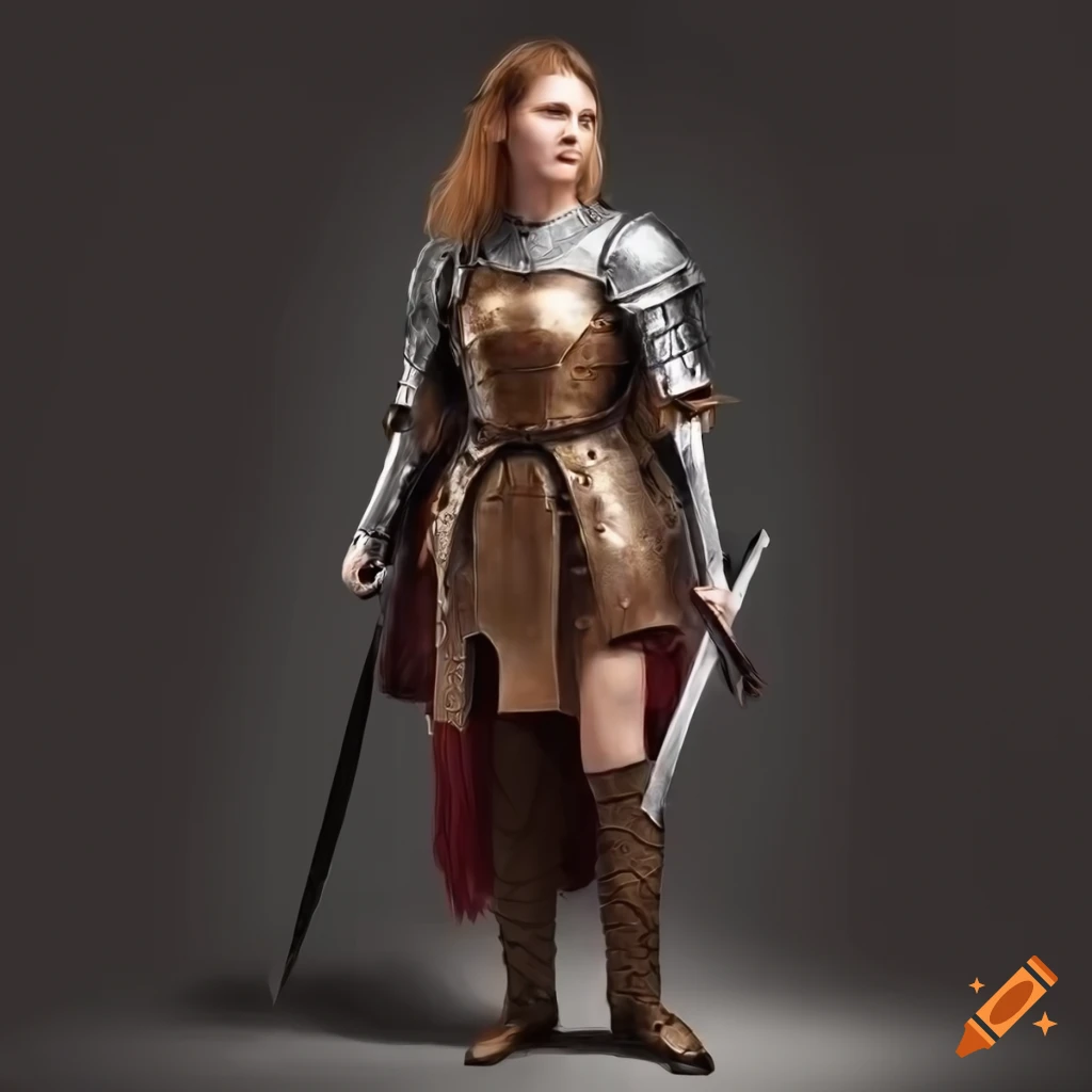 Female medieval warrior in full armor holding a sword on Craiyon