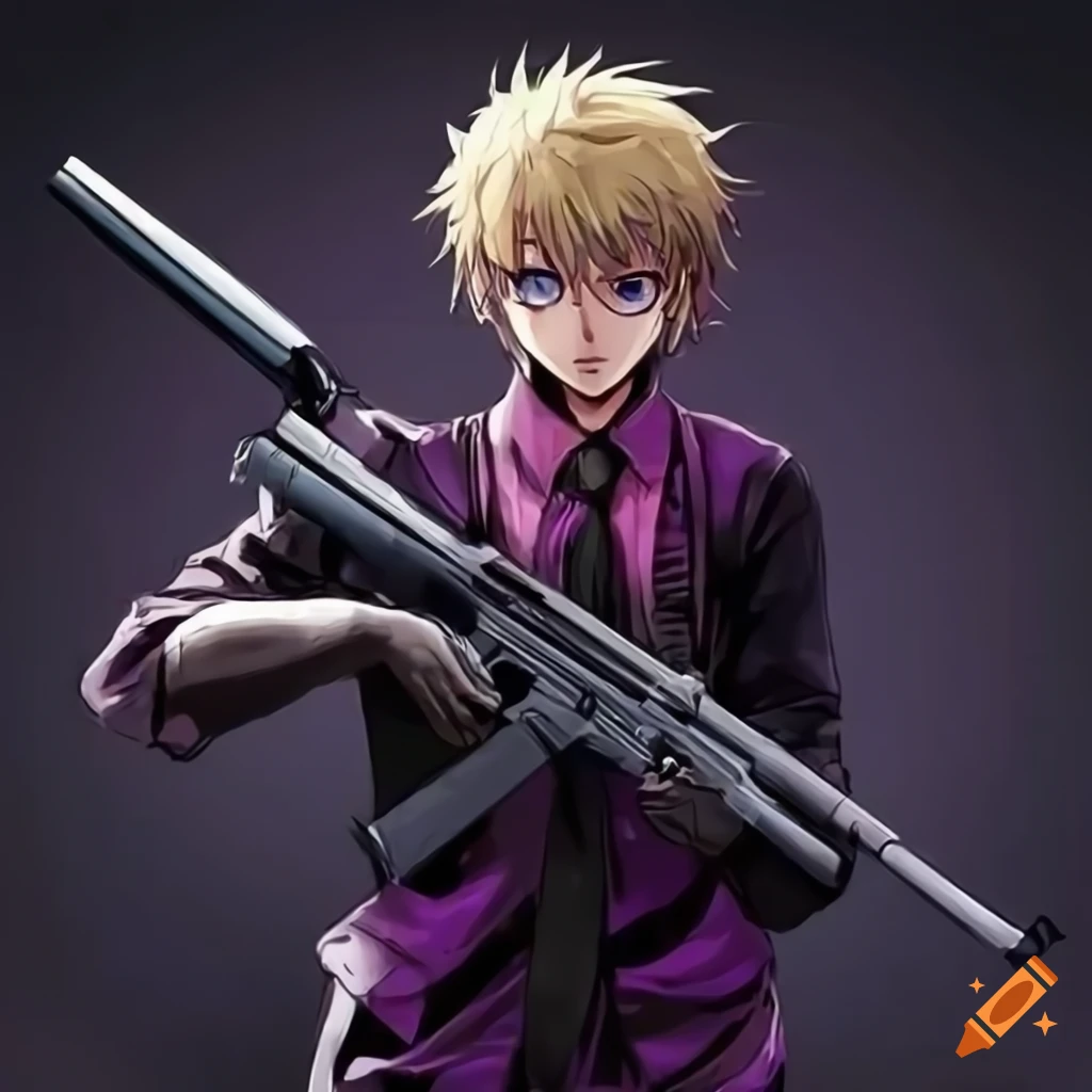 Blond manga character with sniper glasses, rifle, and purple shirt on ...