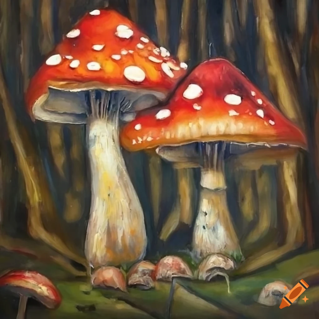 Oil paintings of mushrooms on a forest floor on Craiyon