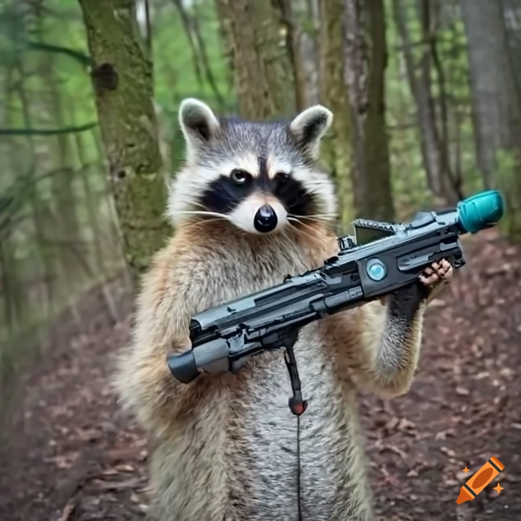Friendly raccoon in futuristic gear with a power gun in a forest on Craiyon