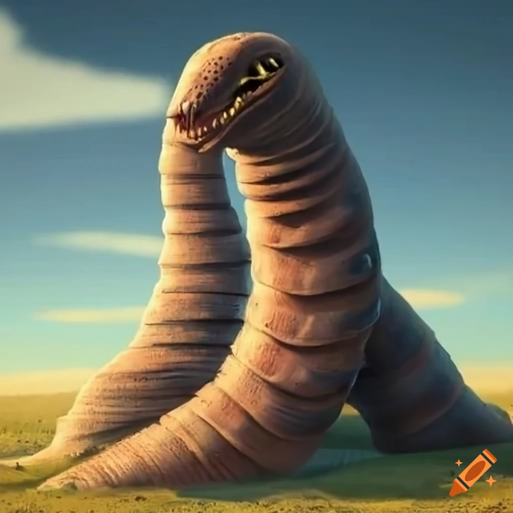 Giant sand worm attacking a medieval settlement in a grassy plateau on ...