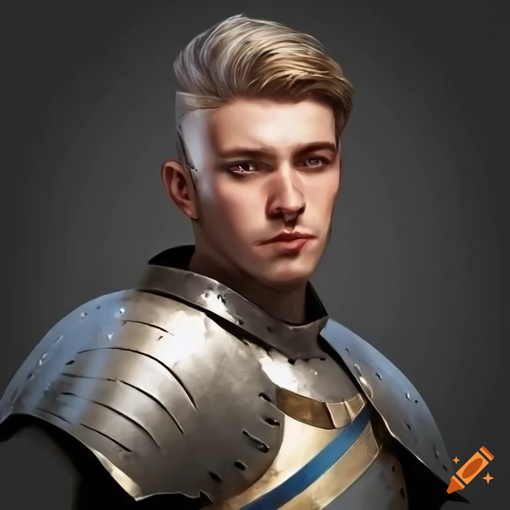 Portrait of a young man in steel armor with a wise expression on Craiyon