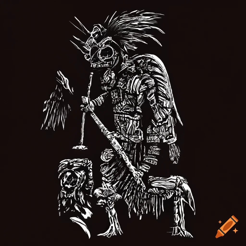 Undead aztec warrior rising from a grave in a desolate field on Craiyon